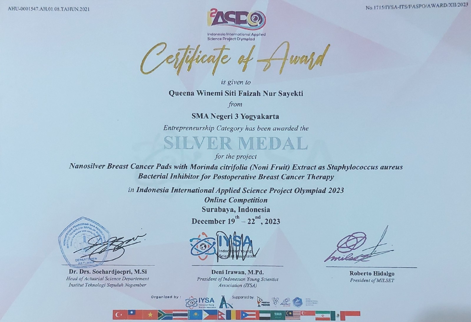 Silver Medal I2ASPO (Indonesia Internasional Applied Science Project ...